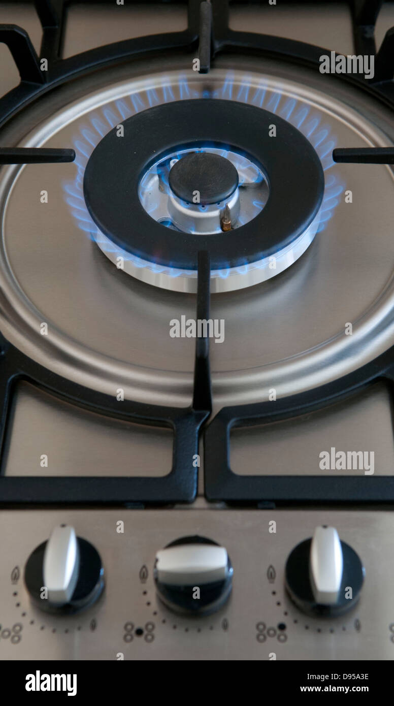 A lit gas ring alight on a stainless steel kitchen gas hob Stock Photo ...