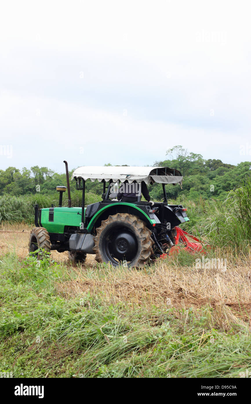 A farmer plows his field after the wheat harvest. Kinmen County, Taiwan ...