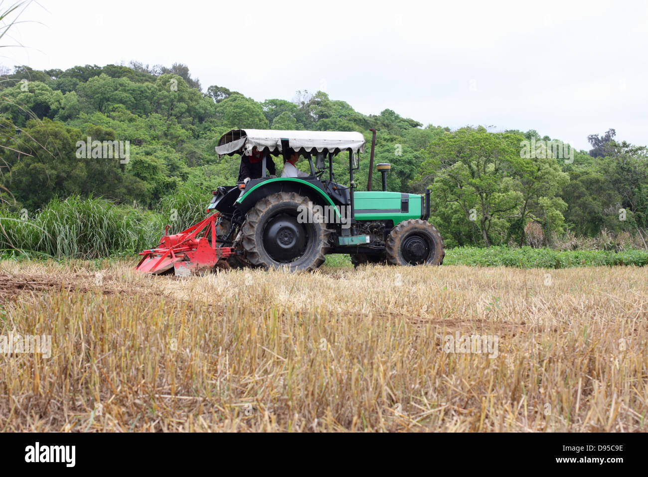 A farmer plows his field after the wheat harvest. Kinmen County, Taiwan ...