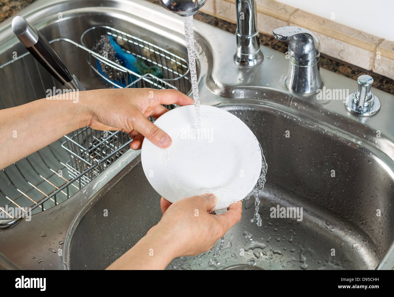 Horizontal photo of female hands rinsing off a small white dinner plate ...