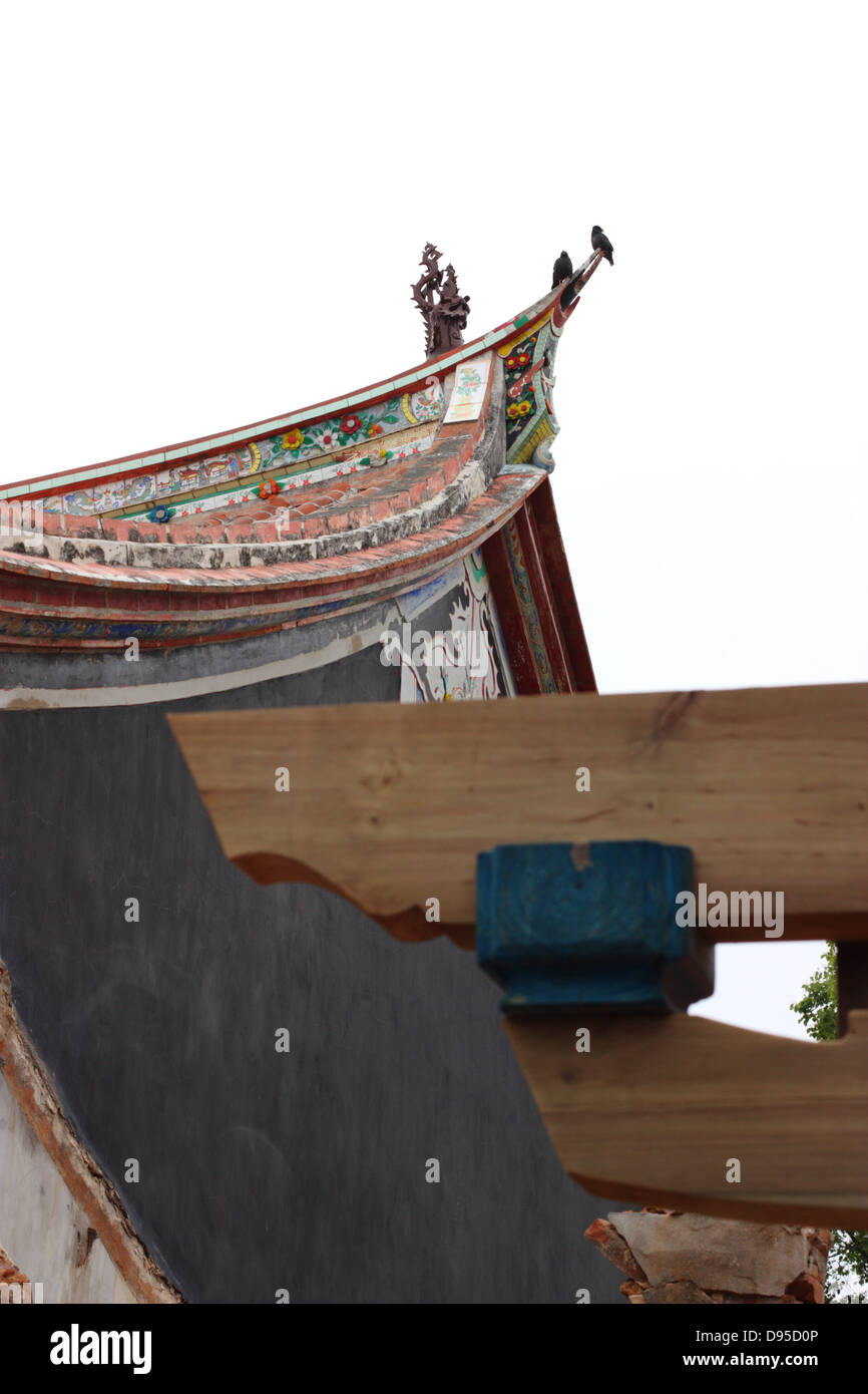 Birds sit on an old house with swallow tail style architecture with an ...