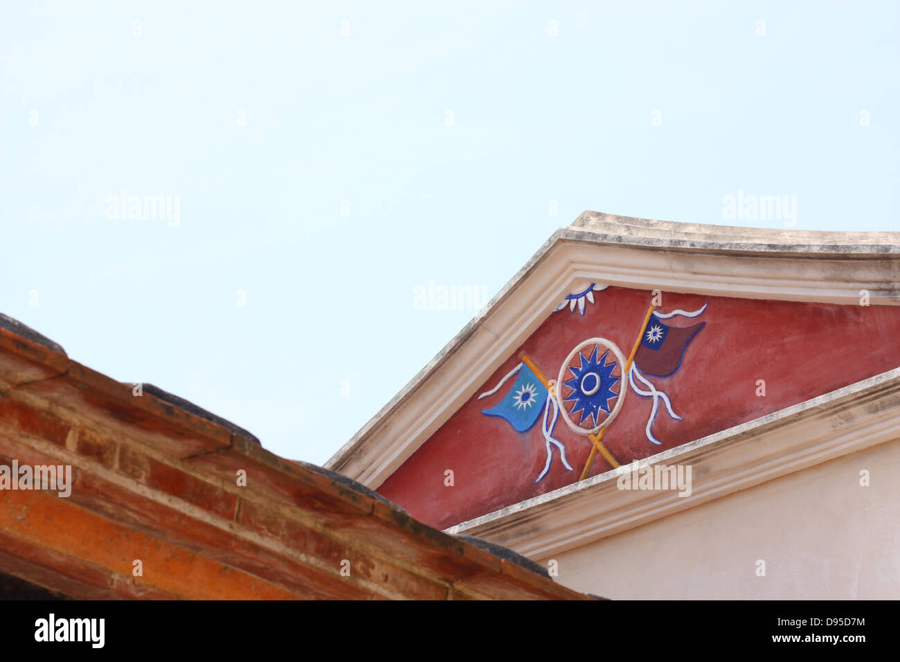 The Pan-Blue flag and ROC flag on a house. Kinmen National Park ...