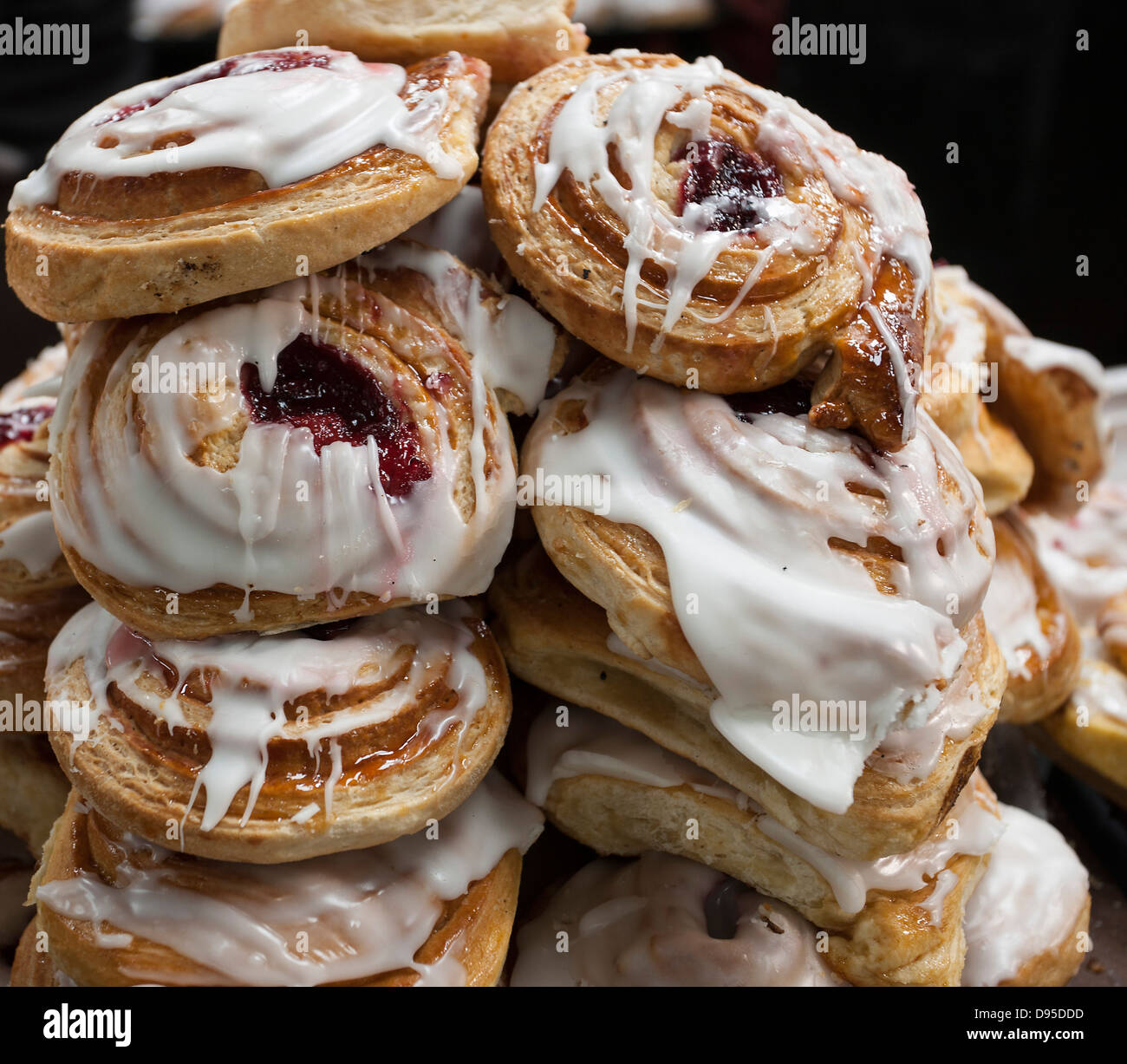 Pastries for sale on a Bakers Market Stall Stock Photo - Alamy