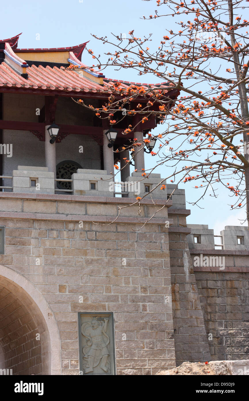 Kinmen City's north gate and a blossoming Bombax Ceiba (Red Silk Cotton ...