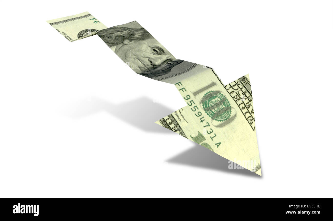 An arrow graph trend shaped 100 dollar bank note showing an economic ...