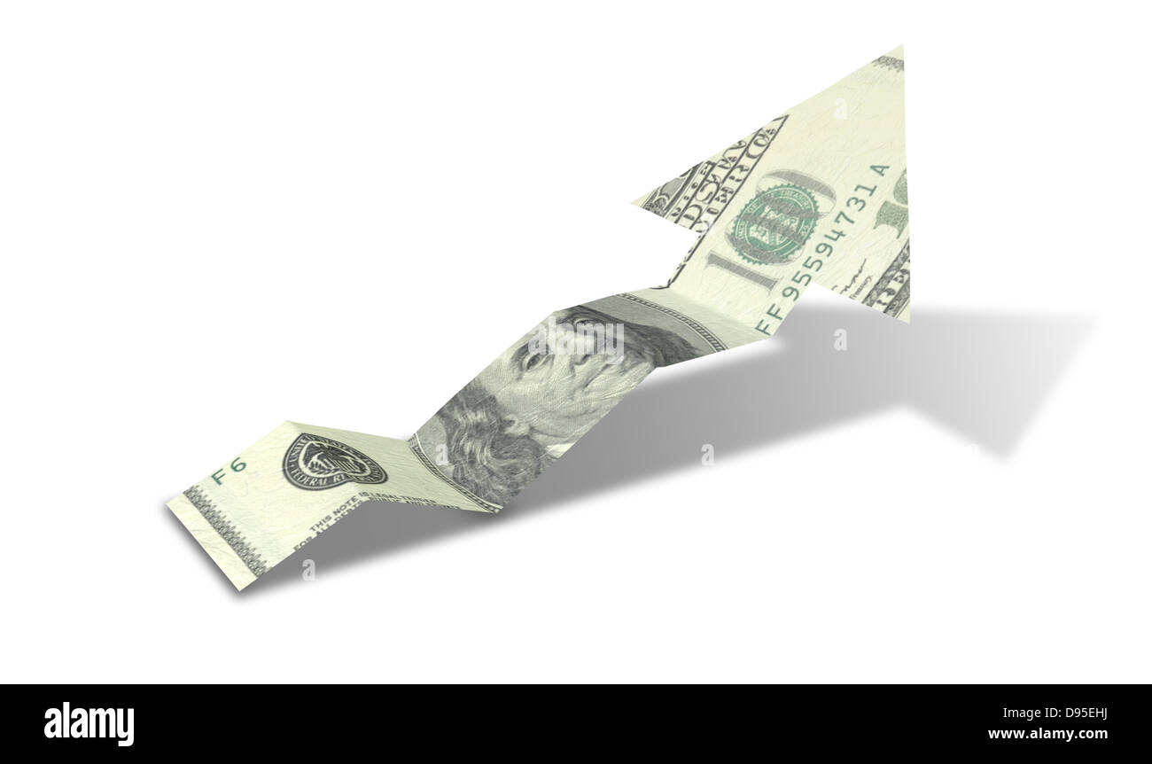 An arrow graph trend shaped 100 dollar bank note showing an economic ...