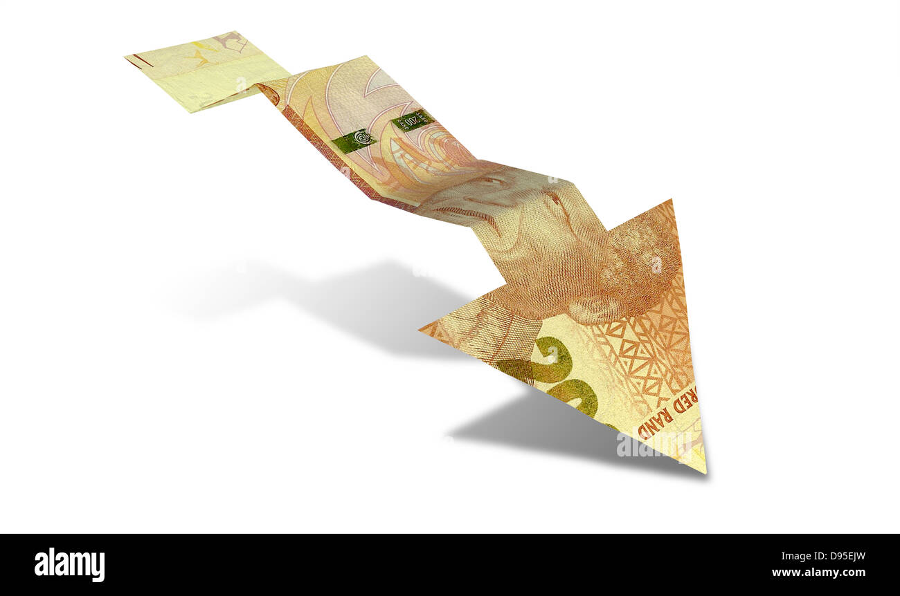 An arrow graph trend shaped 200 rand bank note showing an economic ...