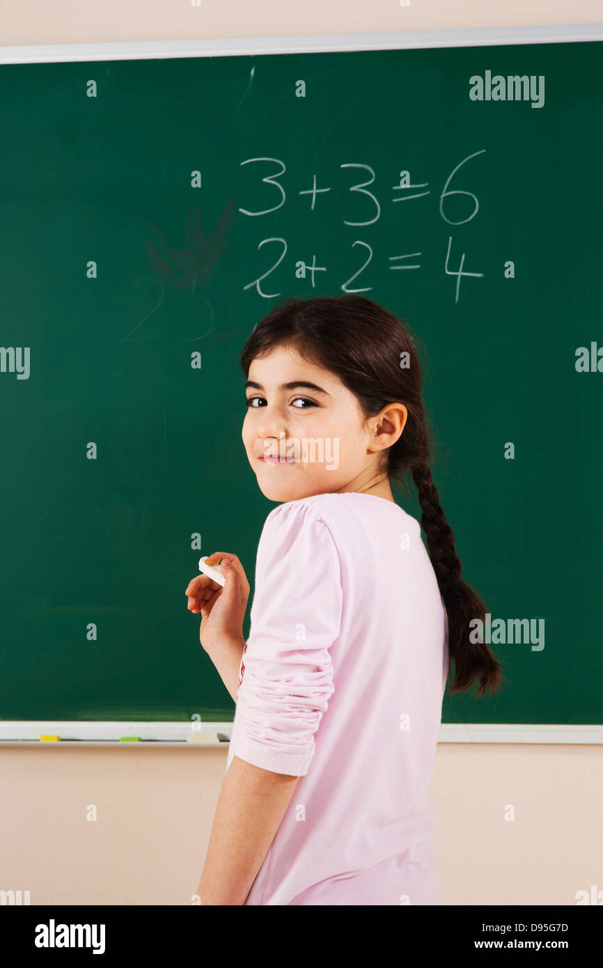 Girl Answering Question at Blackboard in Classroom, Baden-Wurttemberg ...