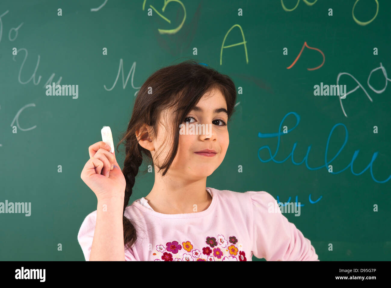 Girl Answering Question at Blackboard in Classroom, Baden-Wurttemberg ...