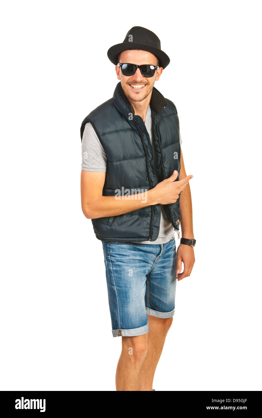 Cheerful hip hop man with hat and sunglasses isolated on white ...