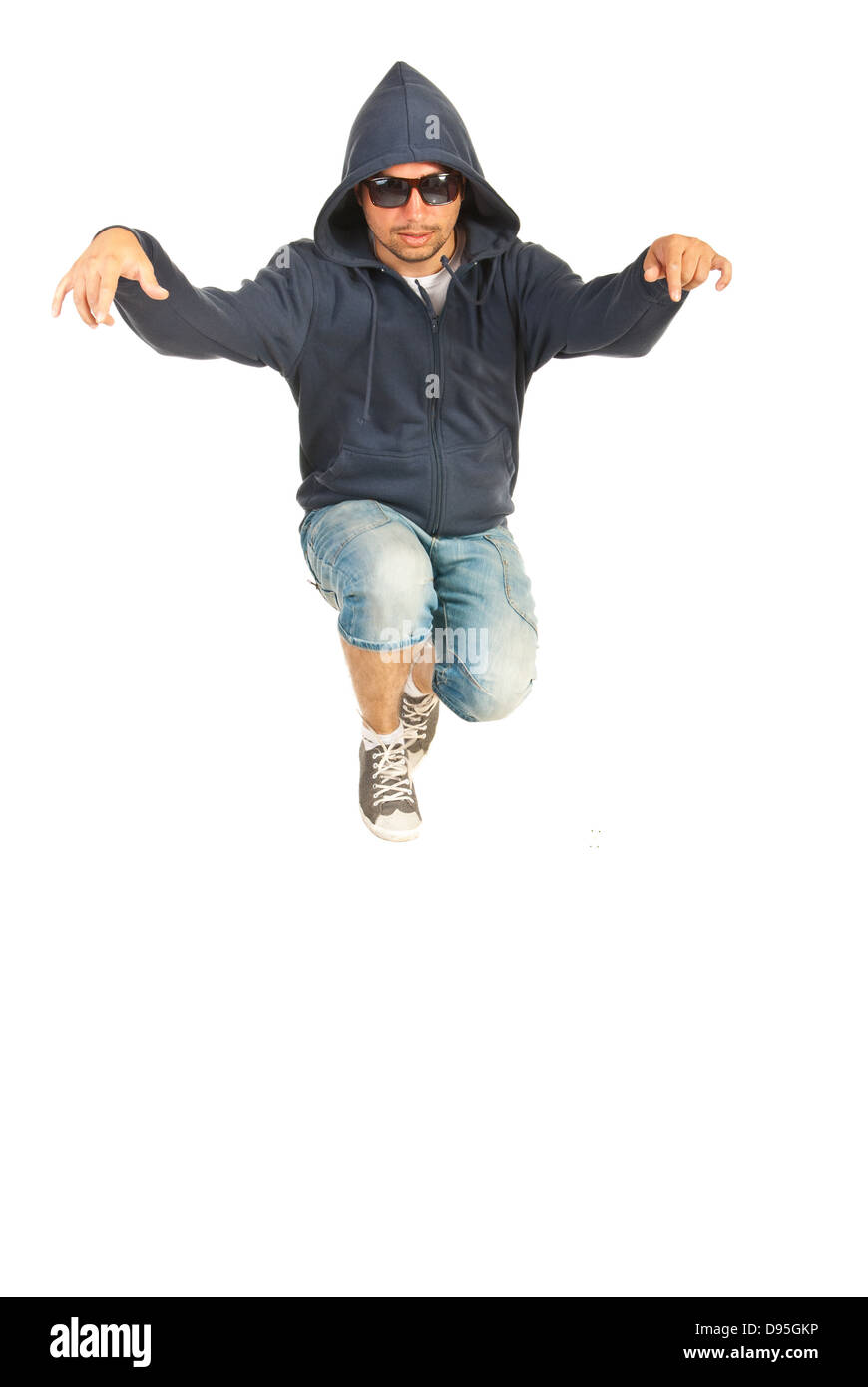 Jumping rapper man with hood and sunglasses isolated on white ...
