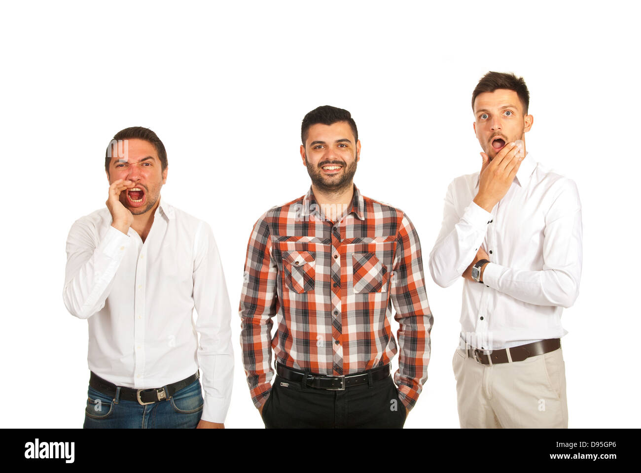 Different facial expressions of three business men in a line isolated ...