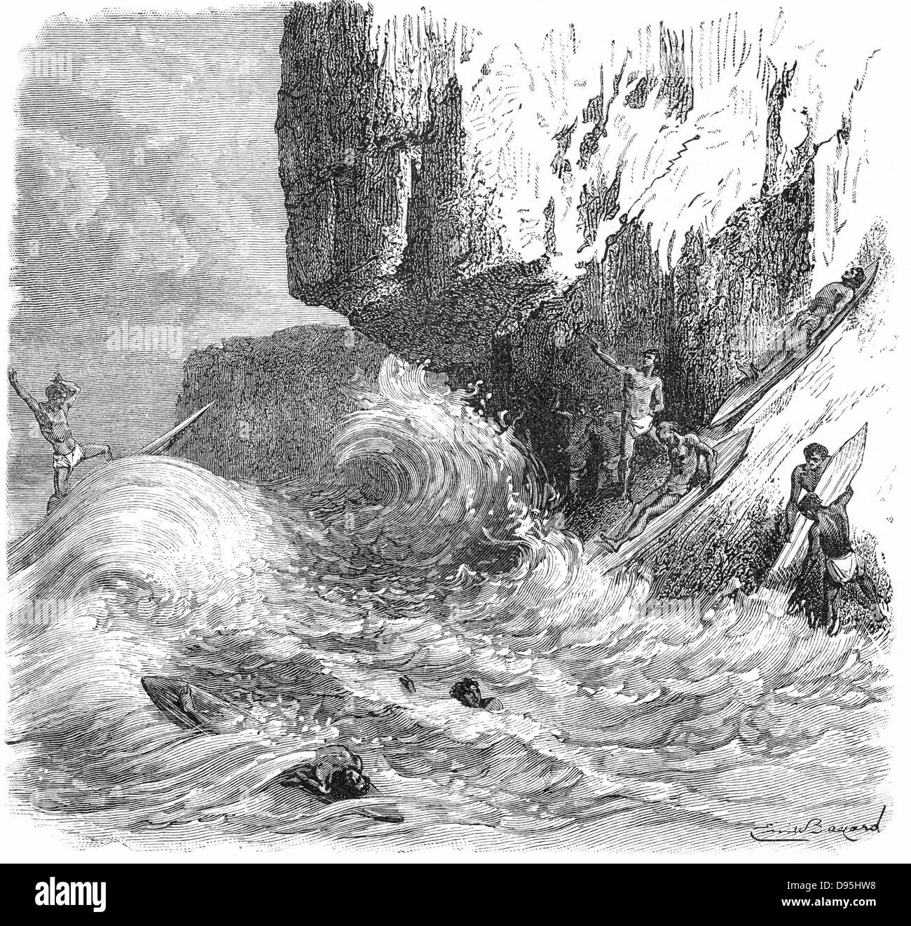 Hawaiian men surfing using wooden wood engraving published paris c1895 ...