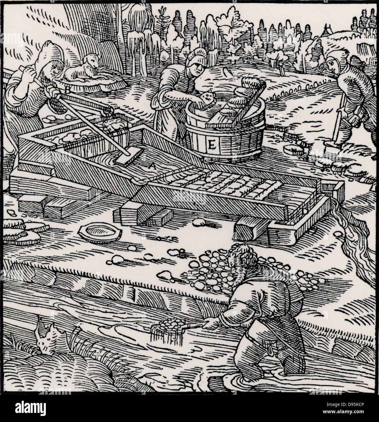 Washing for gold by laying pieces of turf in a frame. Gold-bearing sand ...