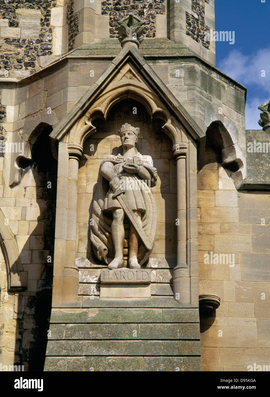 A modern statue of King Harold I of England in an exterior niche at the ...