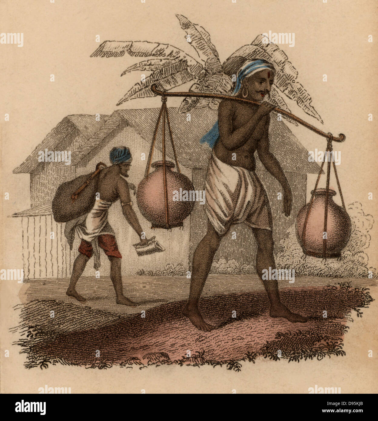 Indian water carriers: Man in foreground carries two ceramic pots ...