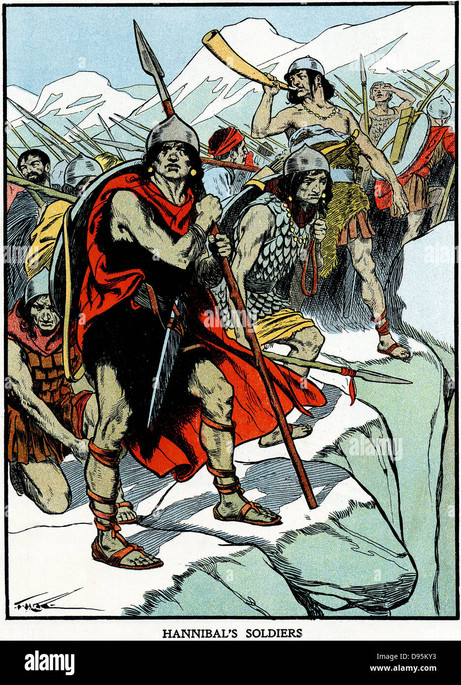 Carthaginian general Hannibal's army crossing the Alps 218 BC to do battle with the Romans ...