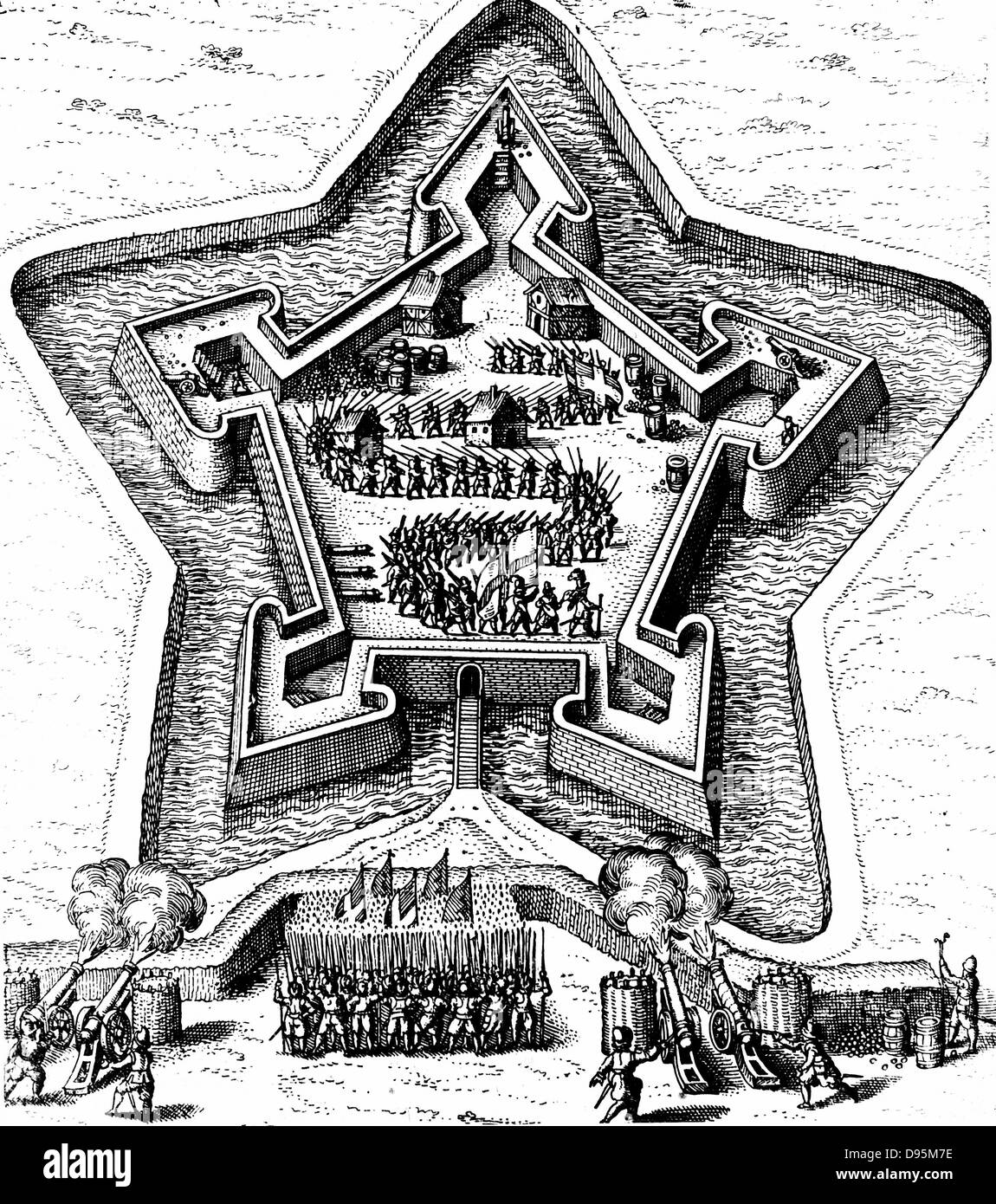 Star Fort defended by moat coming under siege. From Robert Fludd ...