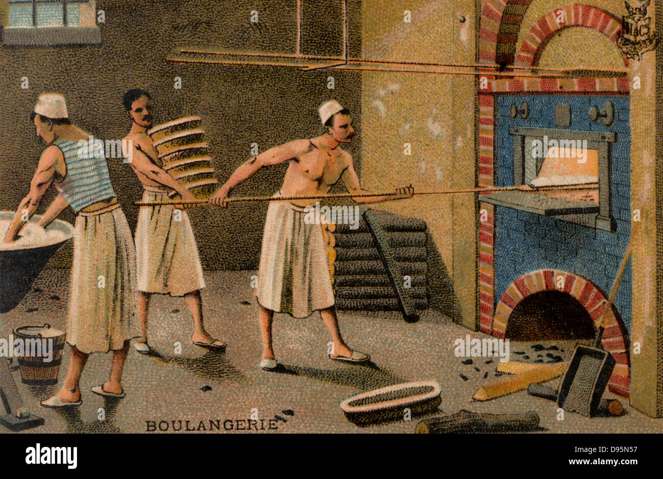 French baker. The baker is using a long handled wooden paddle to put an ...