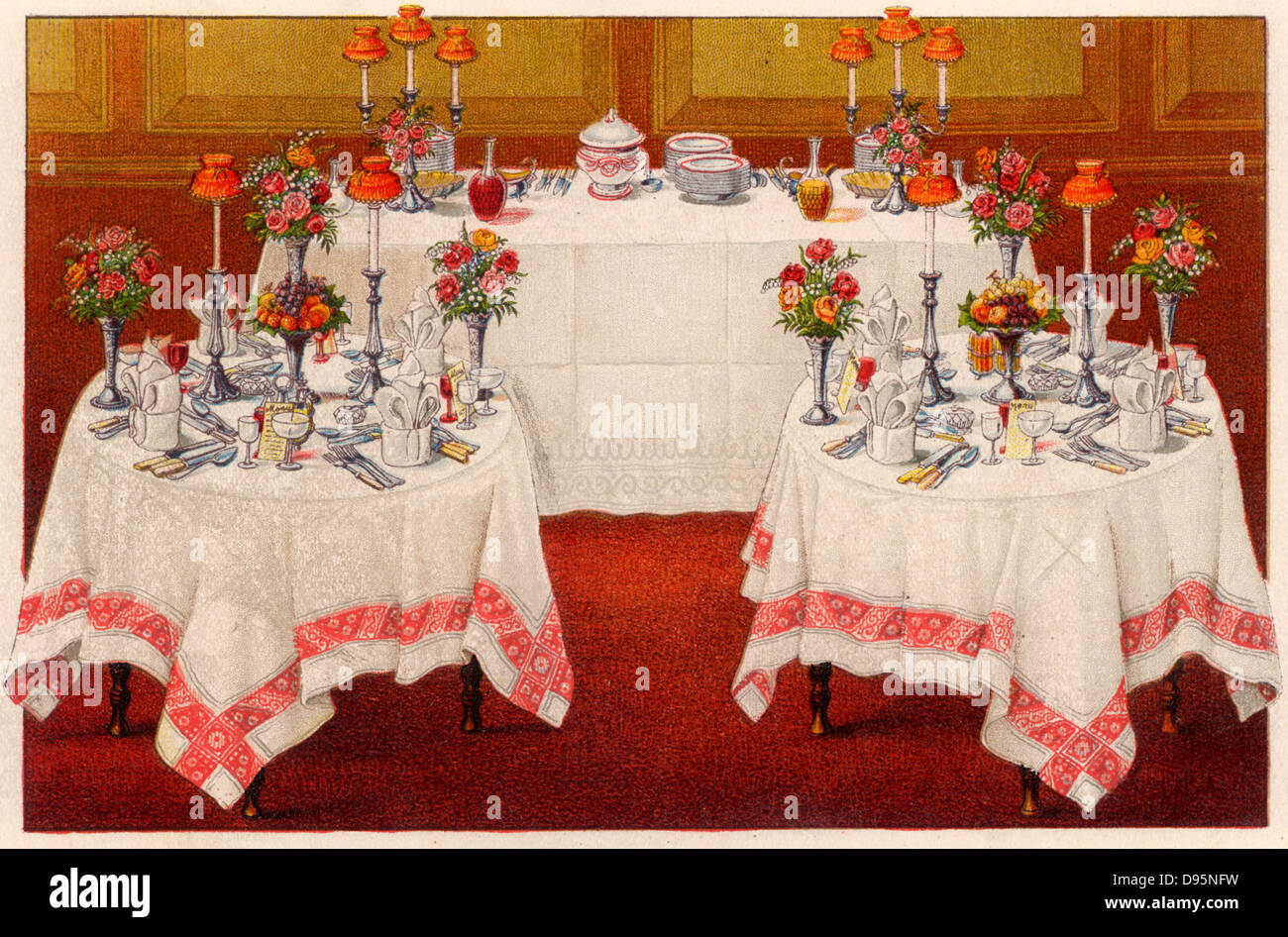 Arrangement of tables for a buffet supper. Oleograph from 'Household ...