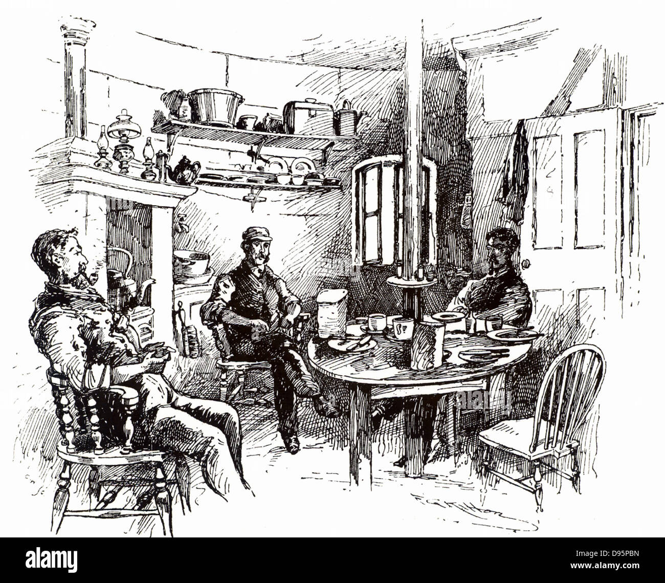 Lighthouse keepers relaxing after dinner on the Eddystone lighthouse ...