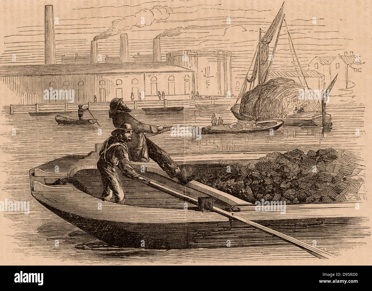 Transport on the River Thames, London, England. Thames lightermen with ...