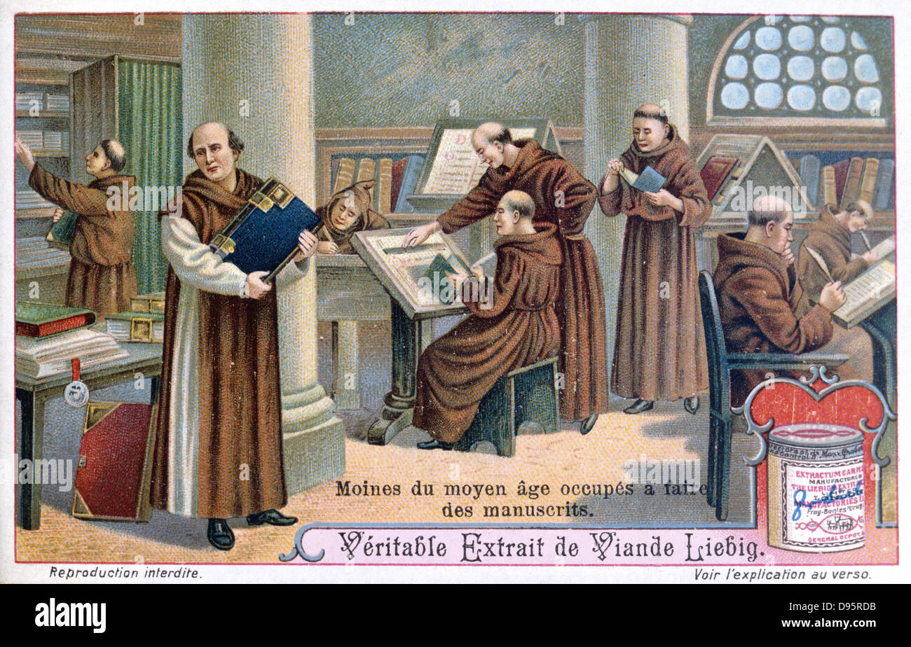 Monks at work on manuscripts in a scriptorium. Liebig trade card c1900 ...