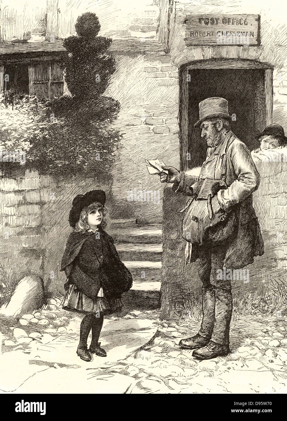 Little girl asking the village postman if there is a letterr for her ...