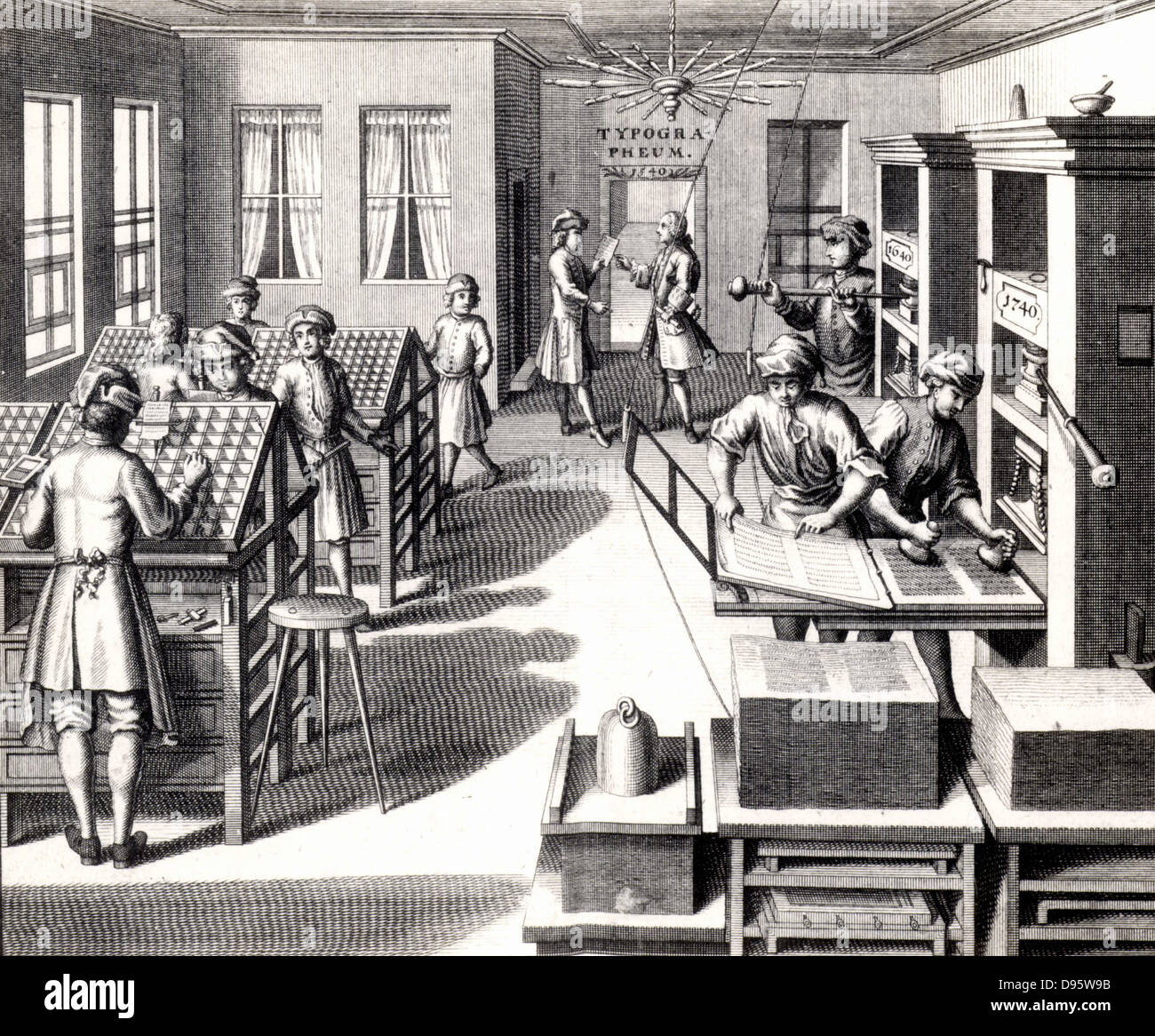 Eighteenth century printing workshop. On the left the compositors are ...