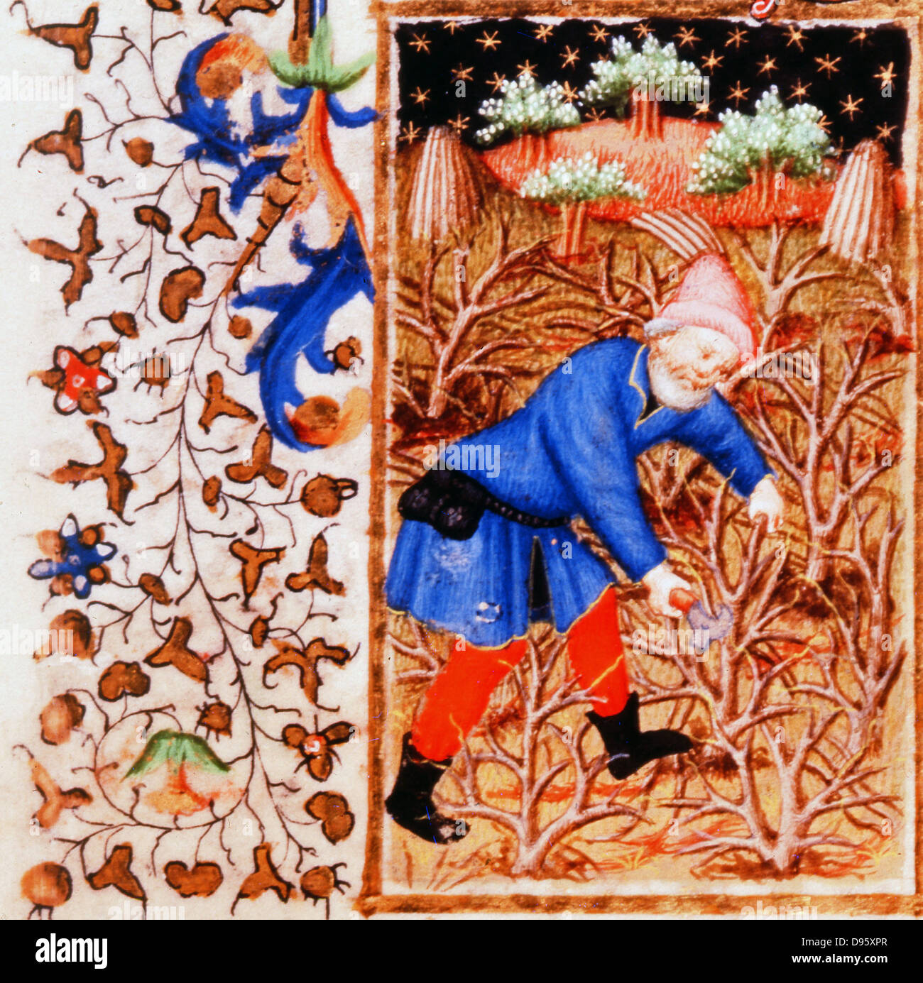 Man cutting or pruning bushes. From illustration for the month of March ...
