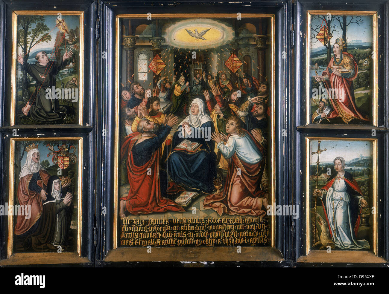 Flemish School, 16th century. Triptych. Central panel shows Holy Spirit at Pentecost. Left panel ...