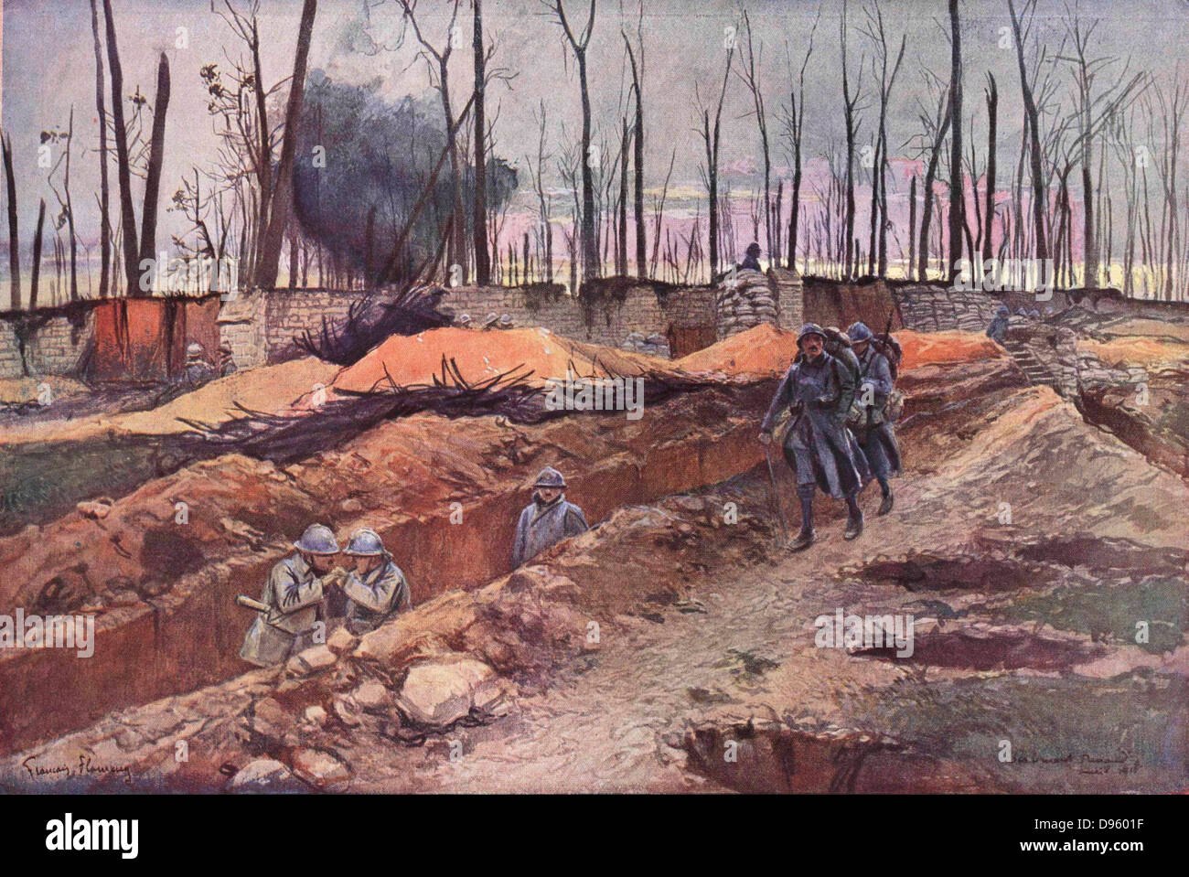 First World War battlefield scene, 1918. French trenches on the summit ...