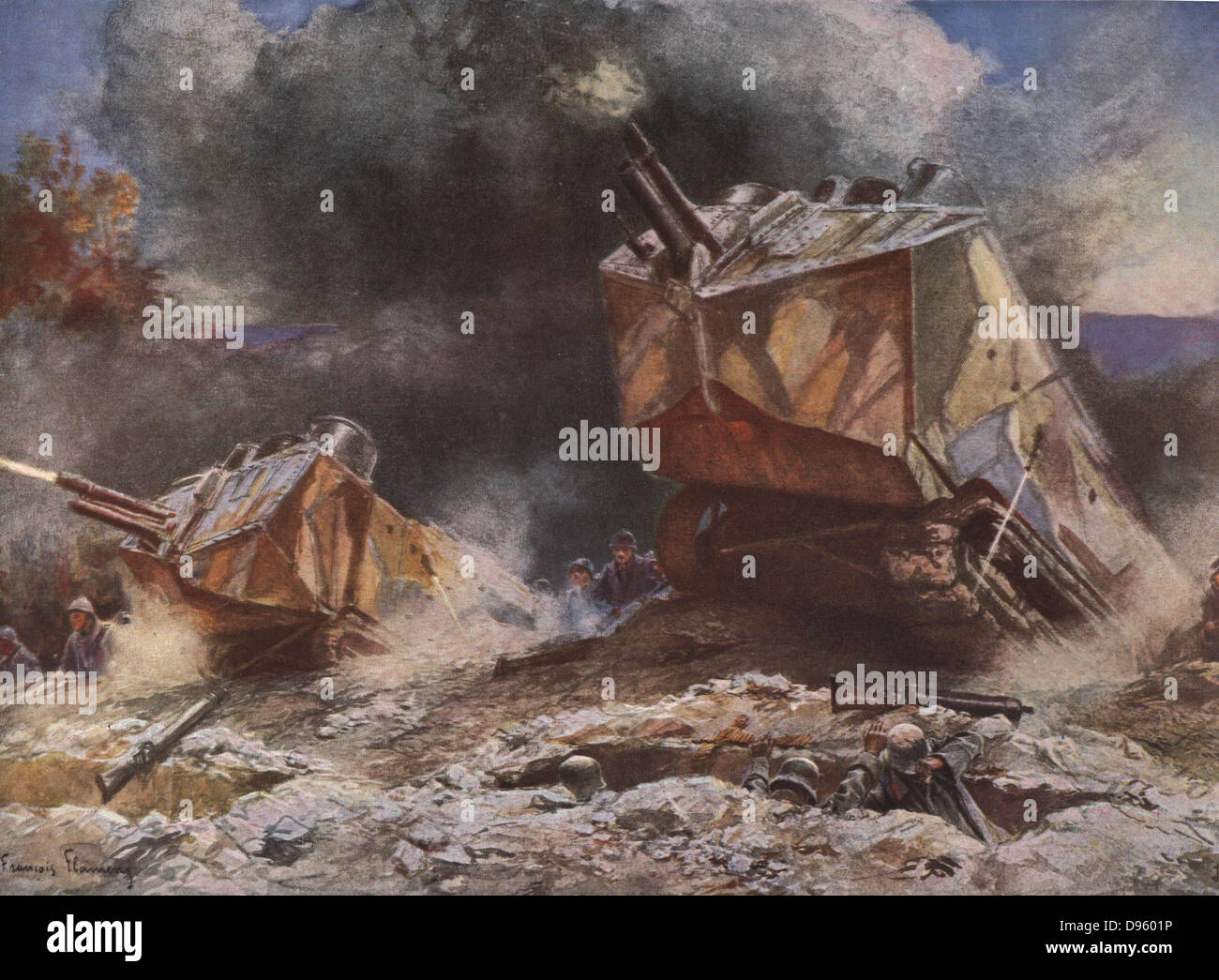 First World War battlefield scene, 1918. Allied tanks overwhelming ...