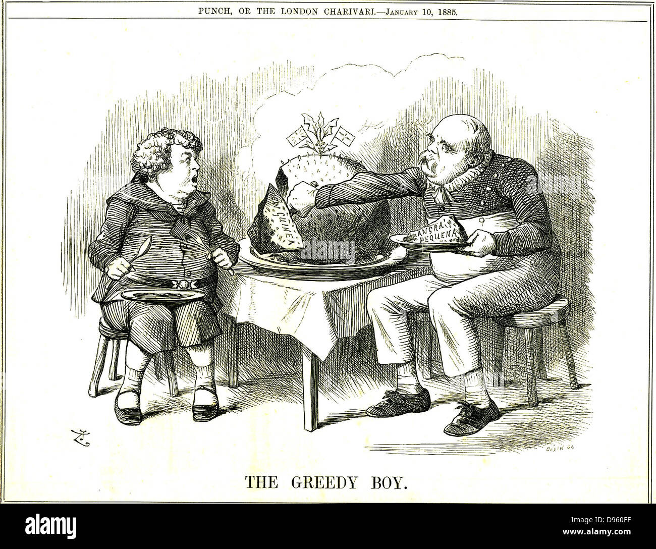 The Greedy Boy' cartoon by John Tenniel from 'Punch' London, 10 January 1885 commenting on ...
