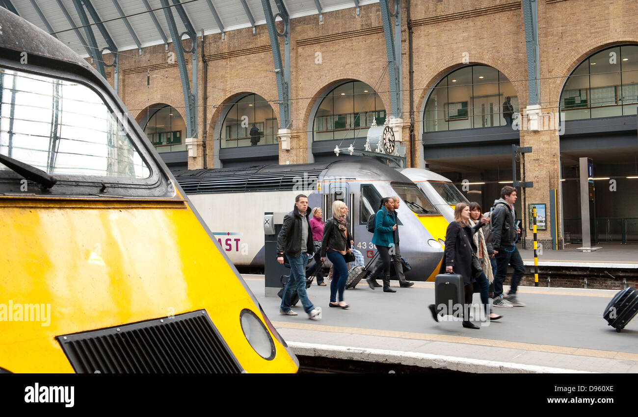 Front of high speed trains in East Coast Trains livery and passengers ...