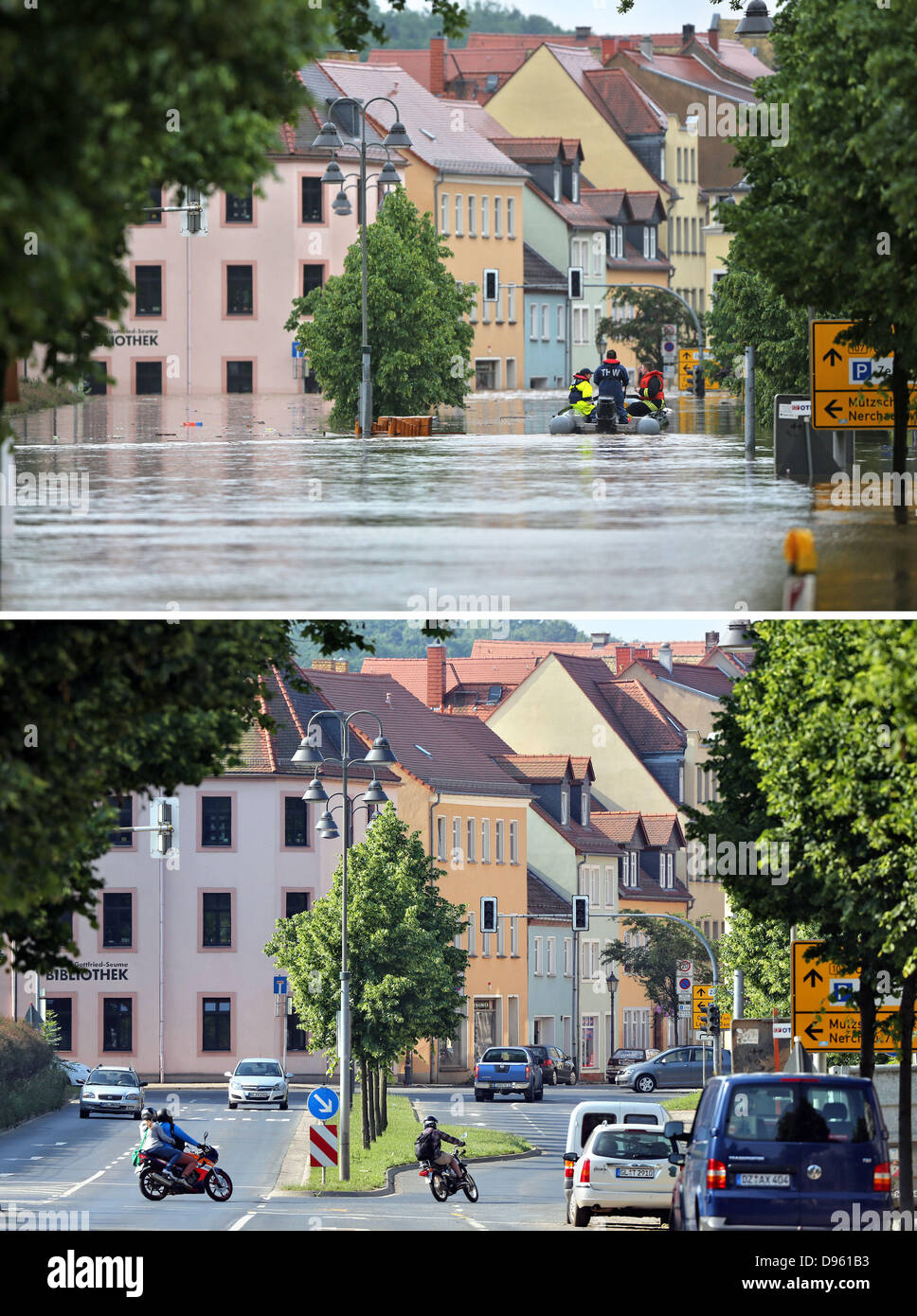 The composite picture shows a central street submerged in the ...