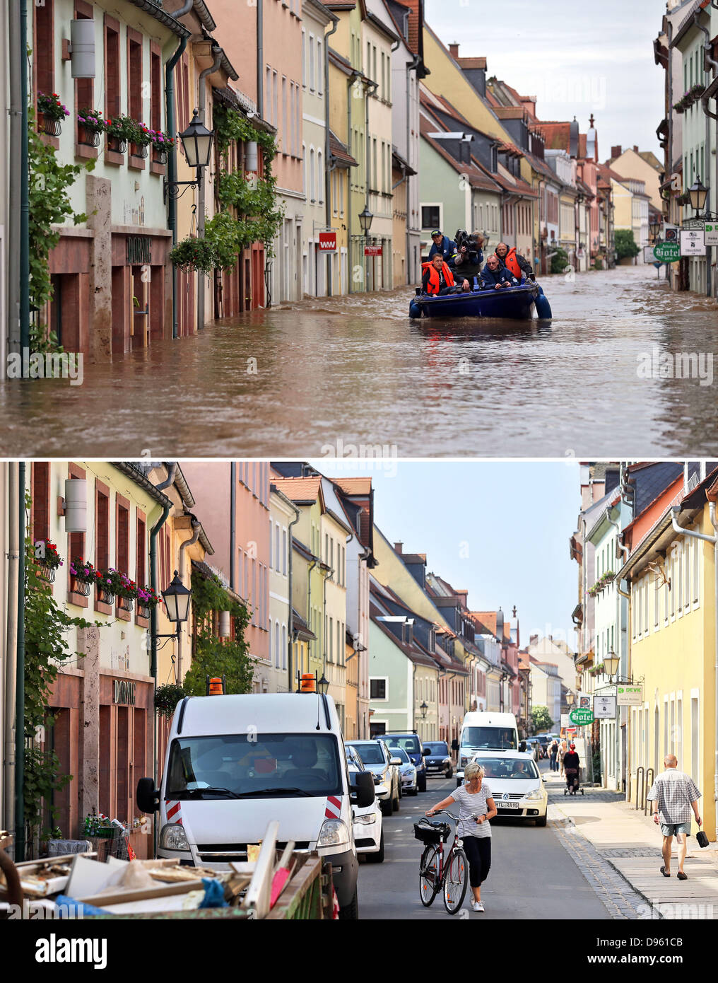 The composite picture shows a central street submerged in the ...