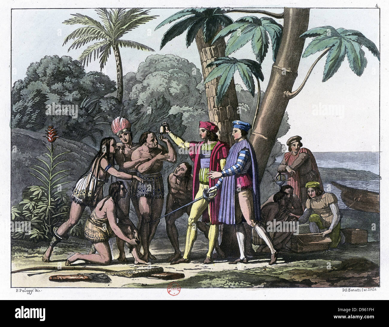 Columbus presenting gifts to the first natives to greet him on his ...