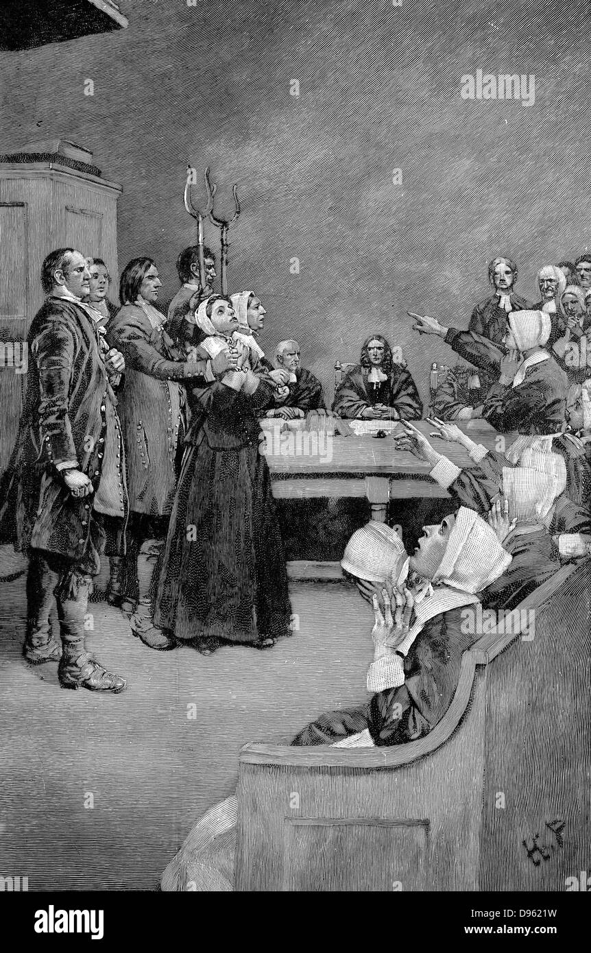 The Trial of a Witch, 17th century Puritan America. Illustration for ...