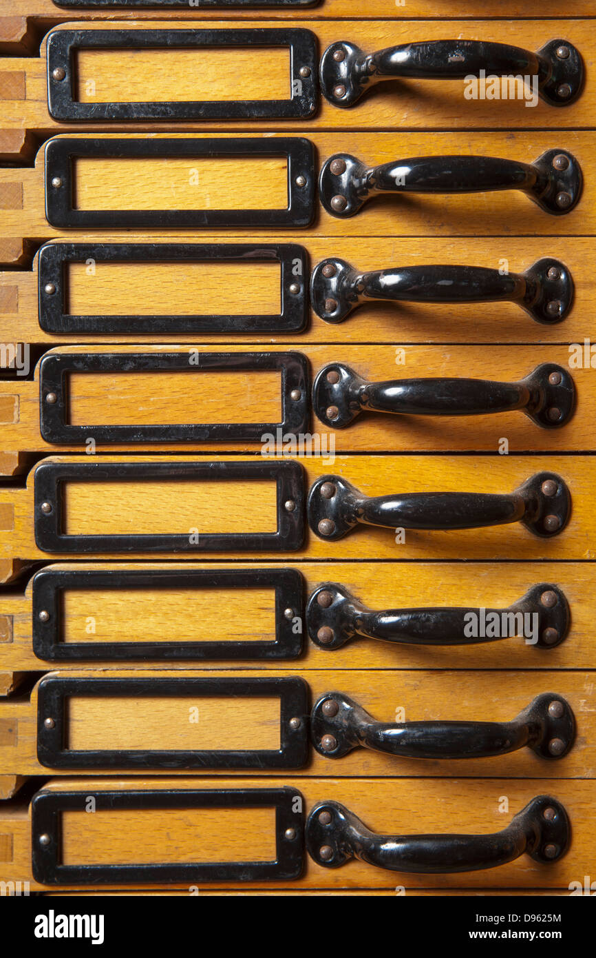 Germany, Bavaria, Chest of drawers of typesetting shop, close up Stock ...