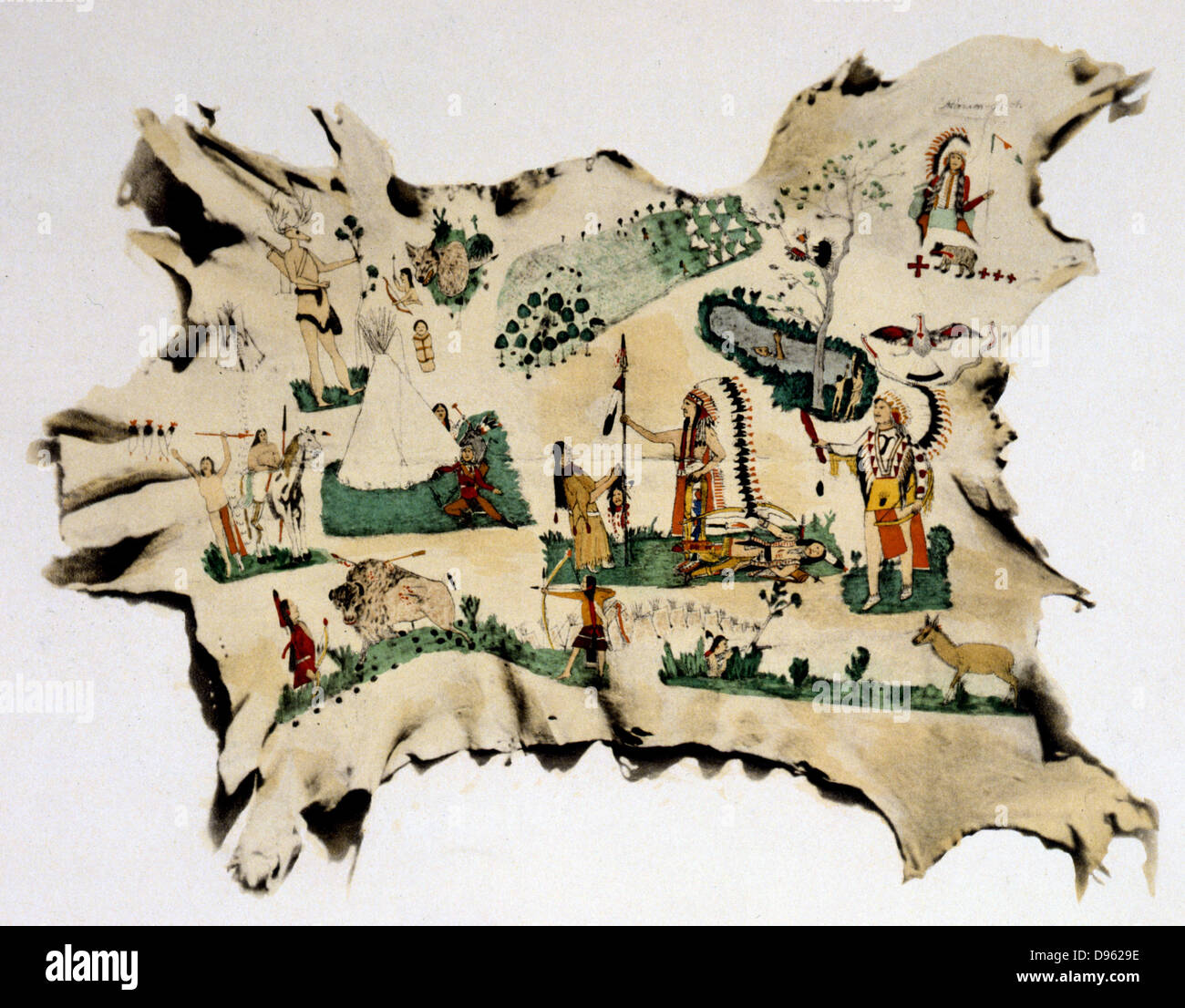 Sioux Indian painting on sky by Silver Horn, showing various episodes ...