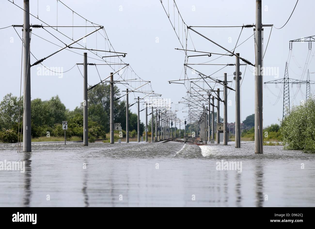 A railway line is flooded by Elbe water near Schoenhausen, Germany, 12 ...