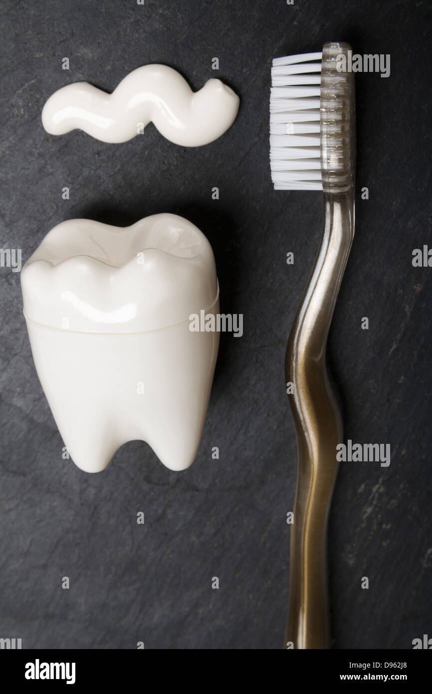 Tooth shaped plastic container, tooth brush and tooth paste on slate ...