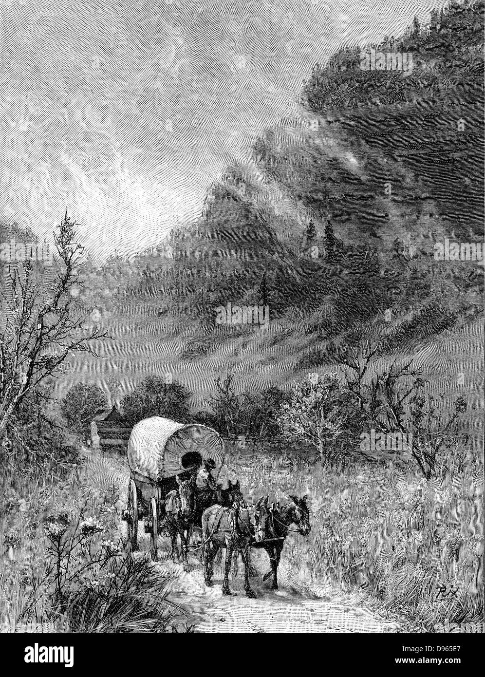 Mule wagon passing through the Cumberland Gap, Kentucky. Wood engraving ...