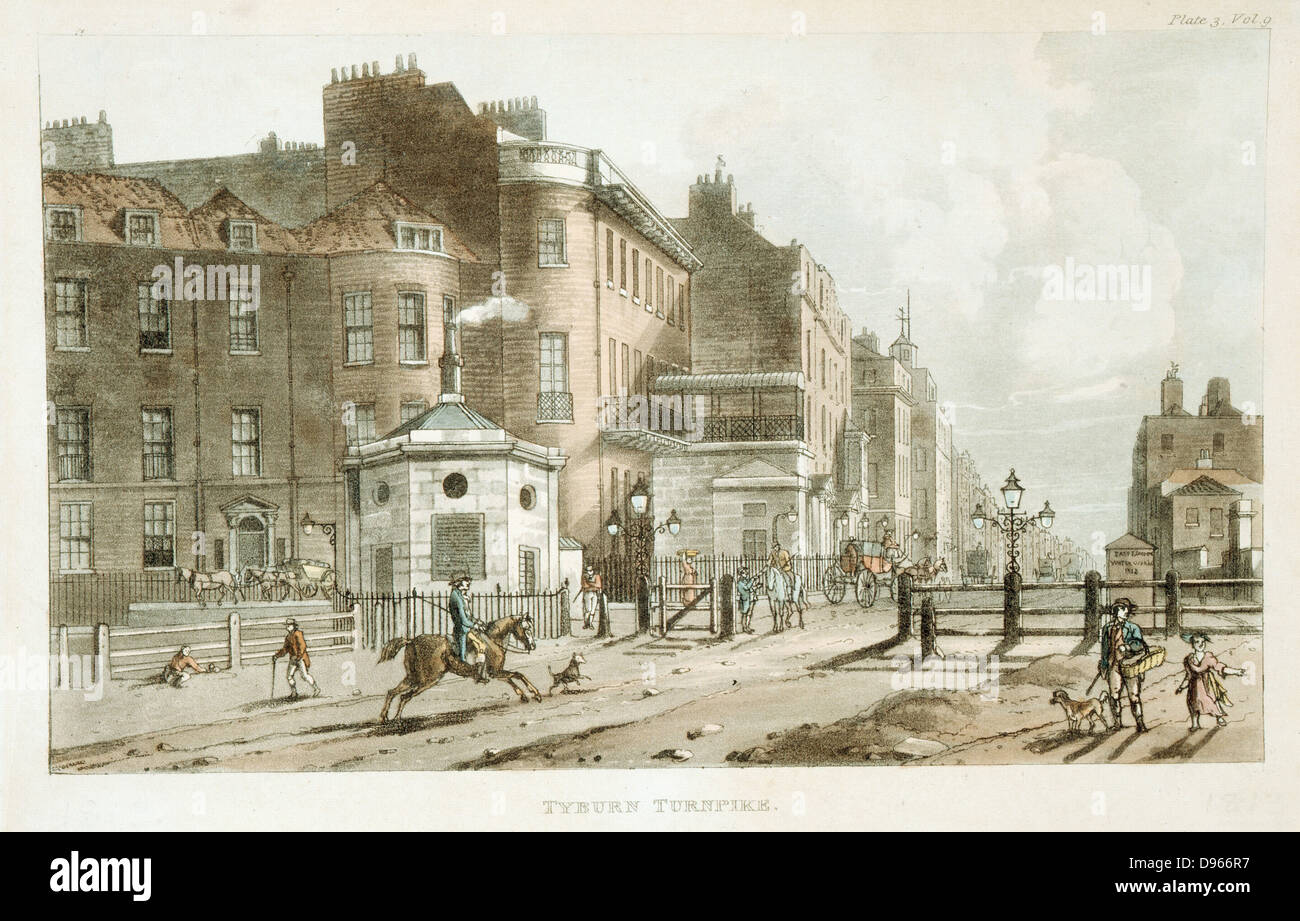 Tyburn Turnpike, London, showing Toll House and toll being collected ...