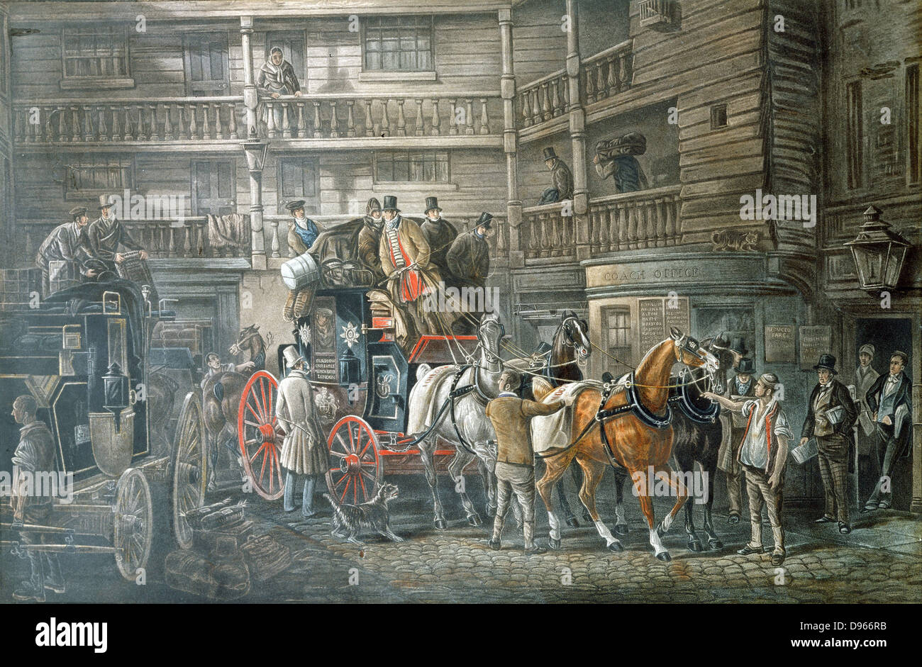 Inn yard with Mail Coach preparing to leave. This shows a typical ...