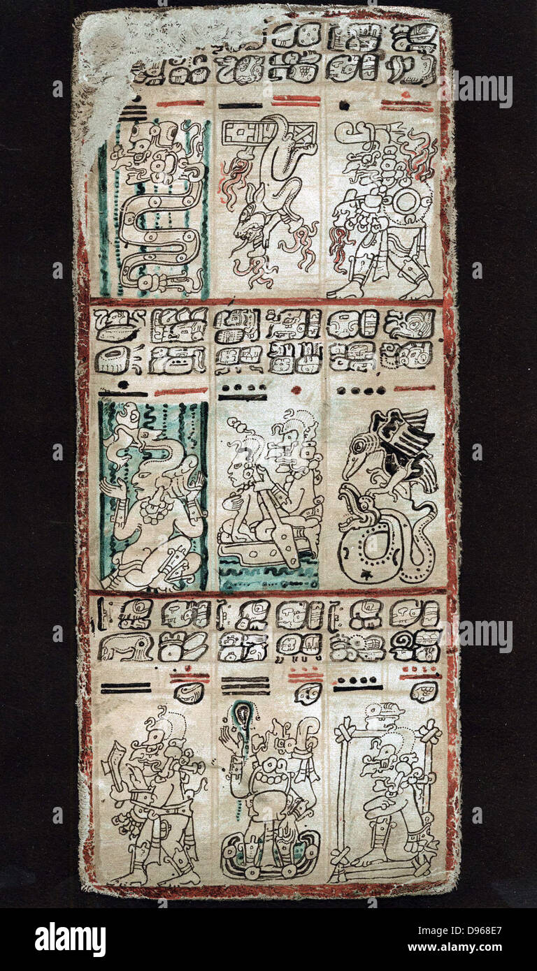 Page from Dresden Maya manuscript showing section of a 'tonalamatl', a ...