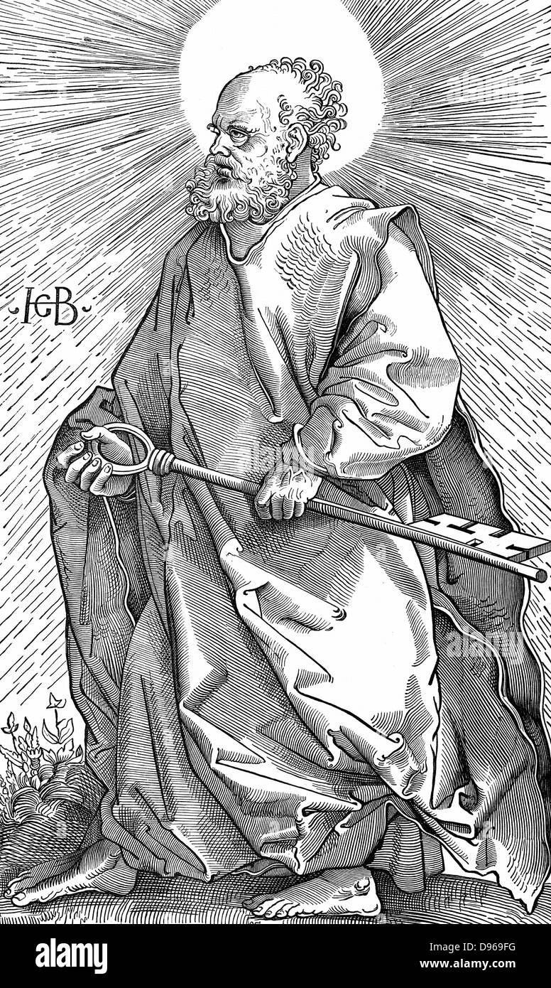 St Peter holding his symbol of a key. Woodcut by Hans Baldung (1470 ...