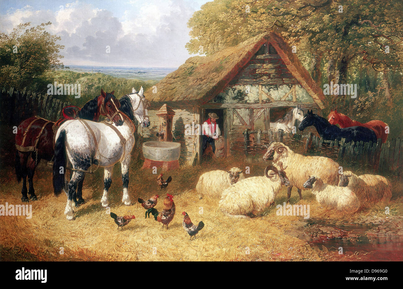 Farmyard scene showing stable by an oak wood, horses, horned sheep by a ...