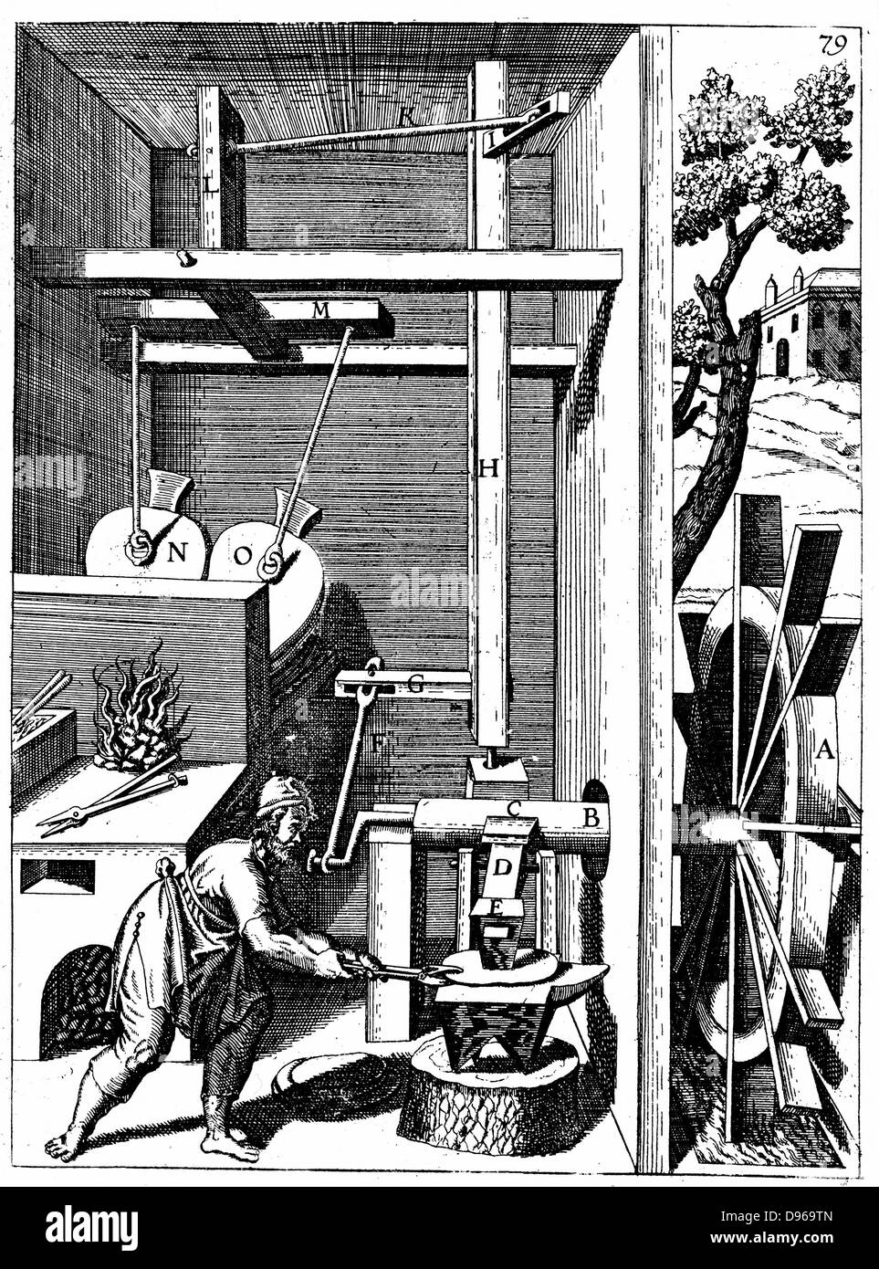 Forge showing bellows and hammer powered by an undershot water wheel ...